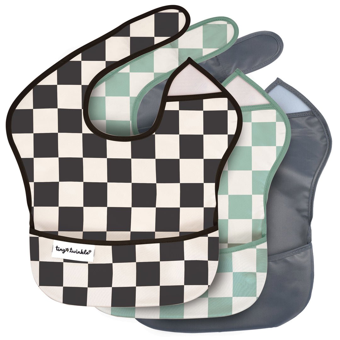 Tiny Twinkle - Mess-proof Easy Bib 3 Pack - Black, Sage Checkers, Soli ...